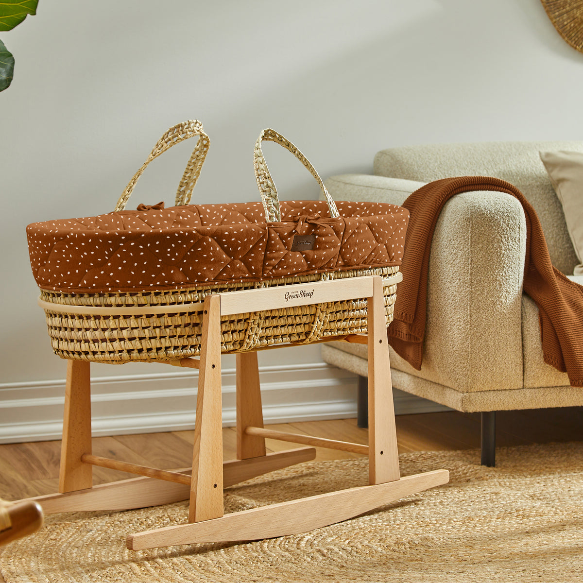 The Little Green Sheep Quilted Moses Basket & Stand - Terracotta Rice